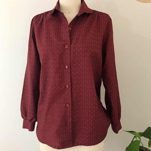 Vintage | Tops | Beautiful Vintage Burgundy Red Print Button Down ...